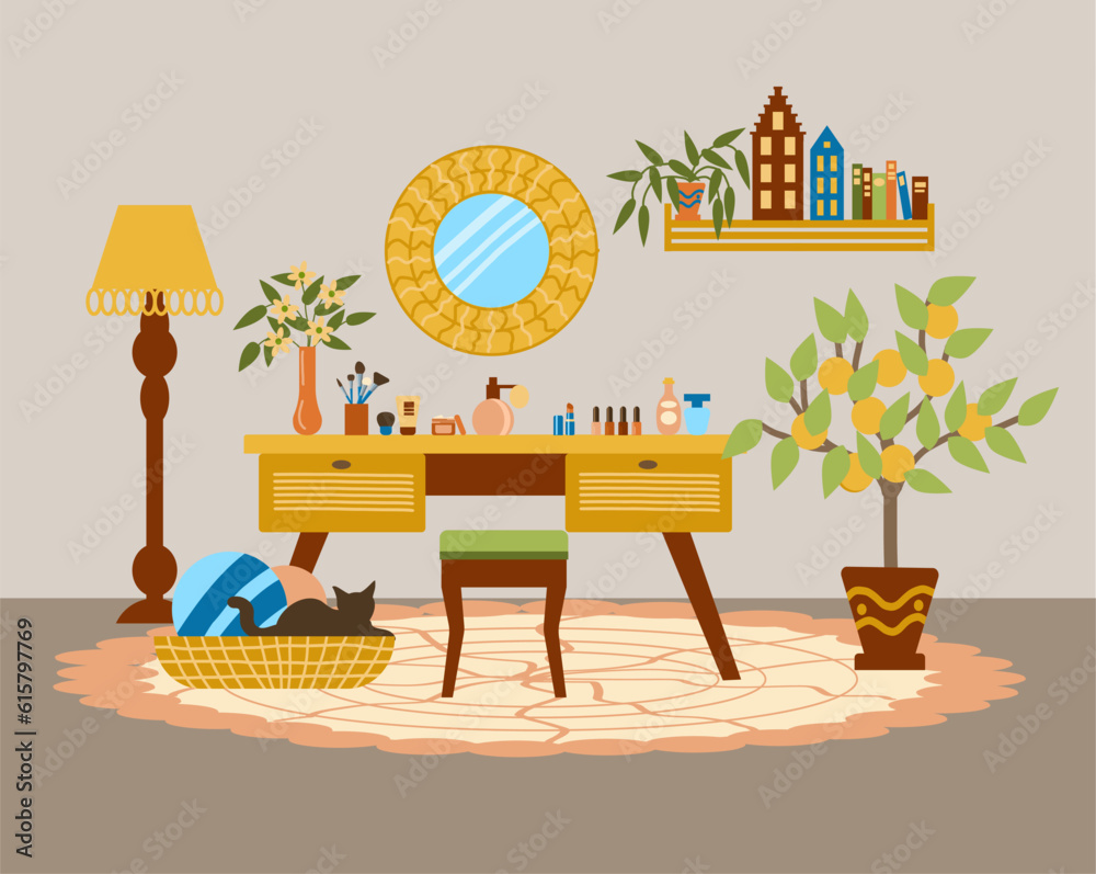 Vector de Stock Cozy boudoir with dressing table and round mirror in ...