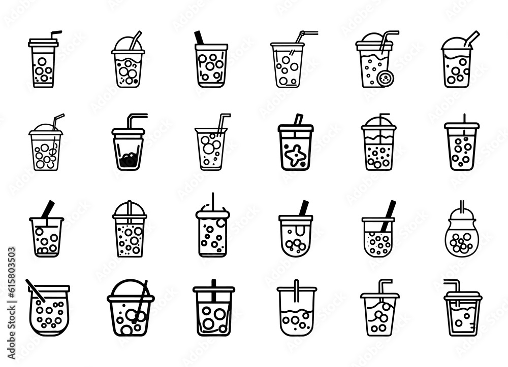 Boba or bubble milk tea drink icons. Pack of bubble milk tea icons on ...