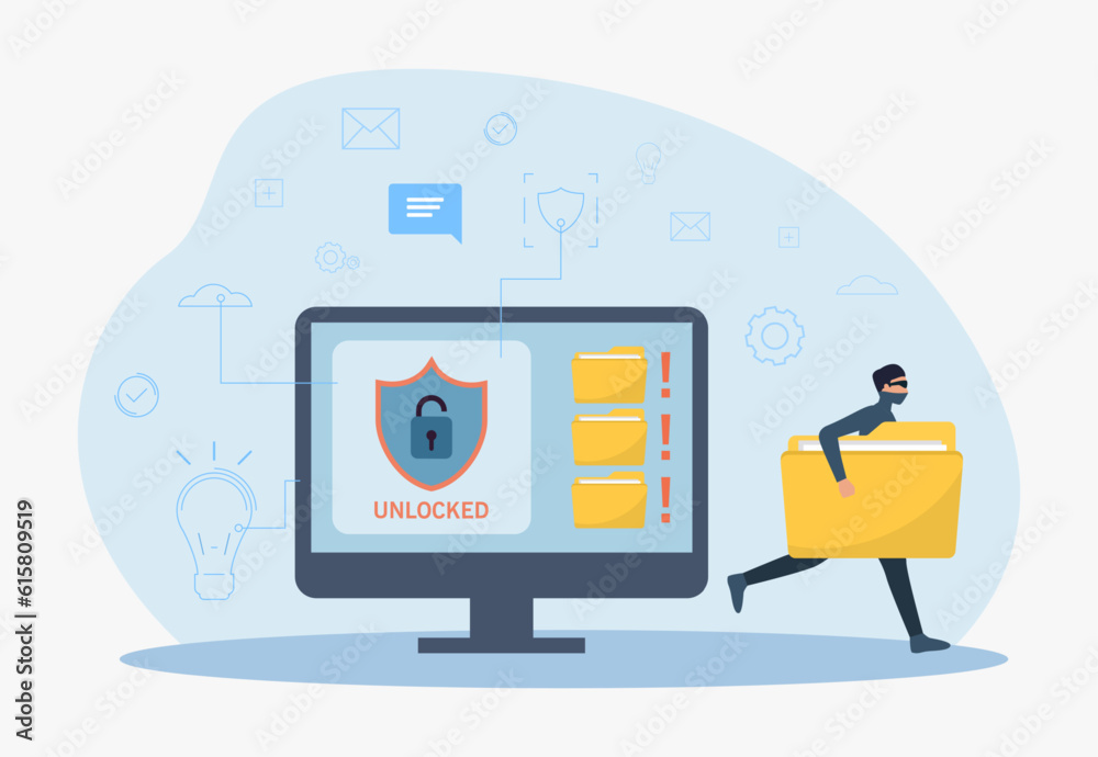 Tiny hacker running away from computer with stolen files. Monitor with unlocked data on screen ...