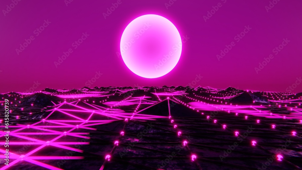 Abstract 80s 3D background. Retrowave videogame wallpaper with pink sun and glowing plexus grid ...