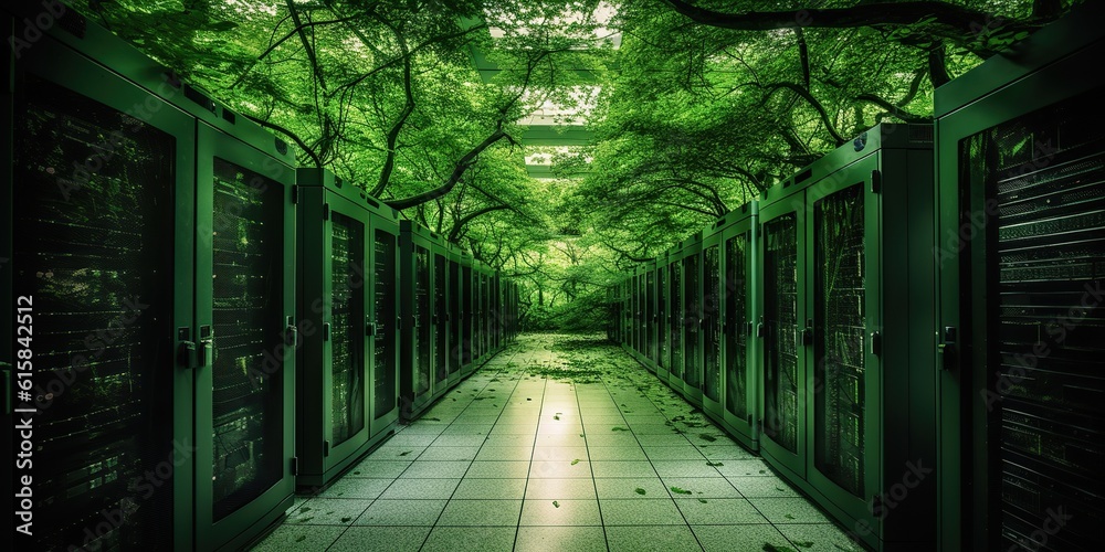 Server room full of green trees , concept of Data center, created with ...