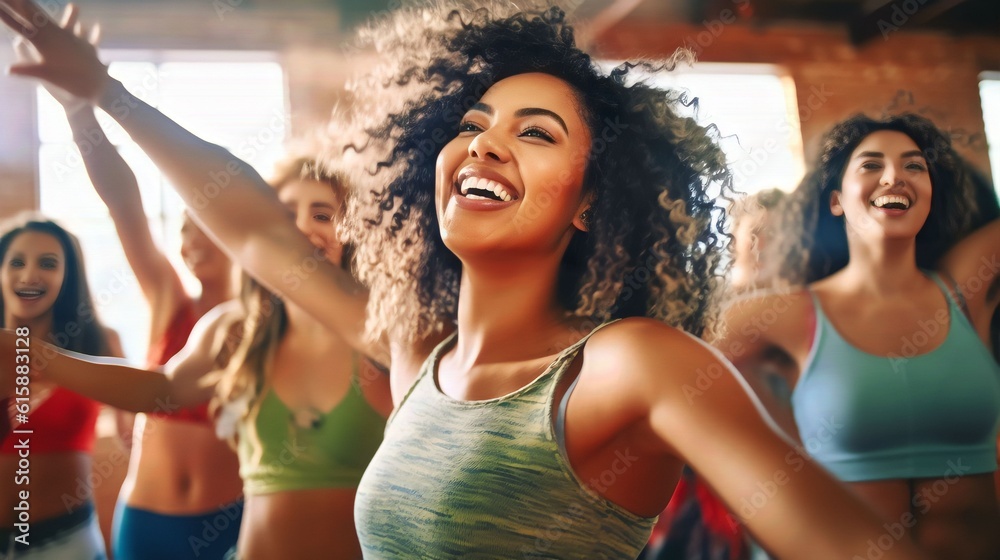 group of young women dancing together during a fitness class, Women ...