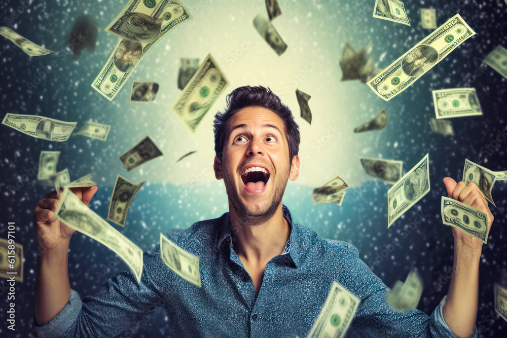 Winning a lottery concept. Smiling Caucasian man, with happy expression ...