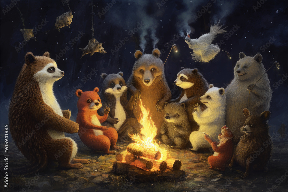 Wonder of group of animals gathered around flickering campfire in heart ...