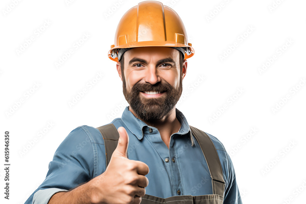 Construction worker smiling thumbs up isolated - Generative AI Stock Photo | Adobe Stock