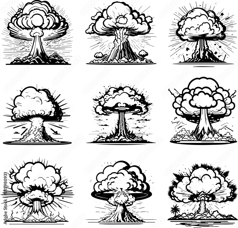 Set of silhouette explosion effect vectors. Smoke explosion, nuclear ...