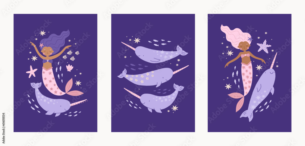 Cute cartoon magical mermaid. Adorable fairytale, mythological ...