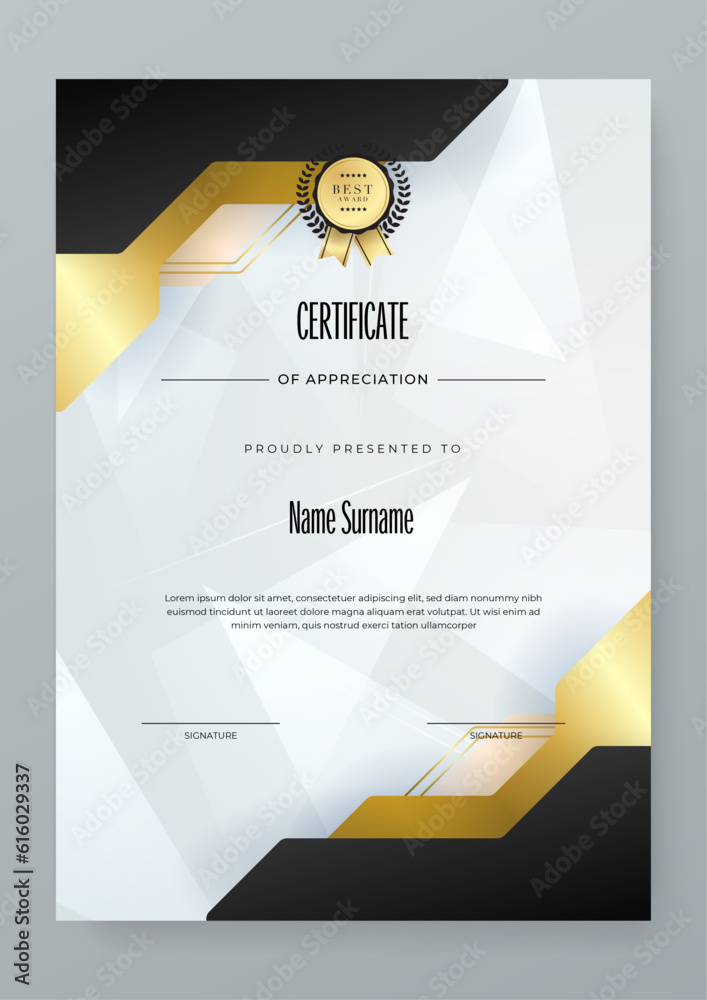 Certificate template with geometry frame and gold badge. White ...