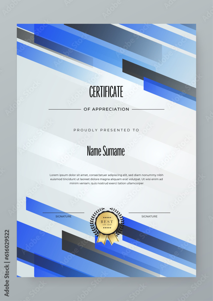 Certificate template with geometry frame and gold badge. White ...
