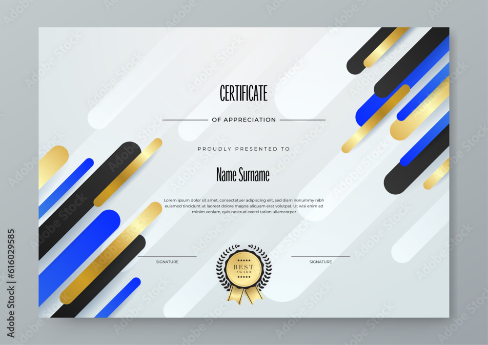 Certificate template with geometry frame and gold badge. White ...