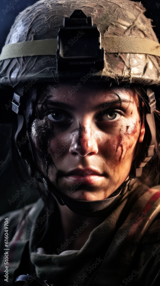 Resolute female soldier emerges, her eyes brimming with courage ...