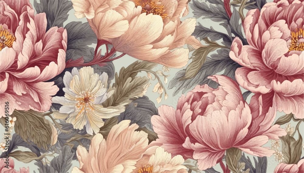 Seamless boho floral pattern with pink peony flowers. Retro collage ...