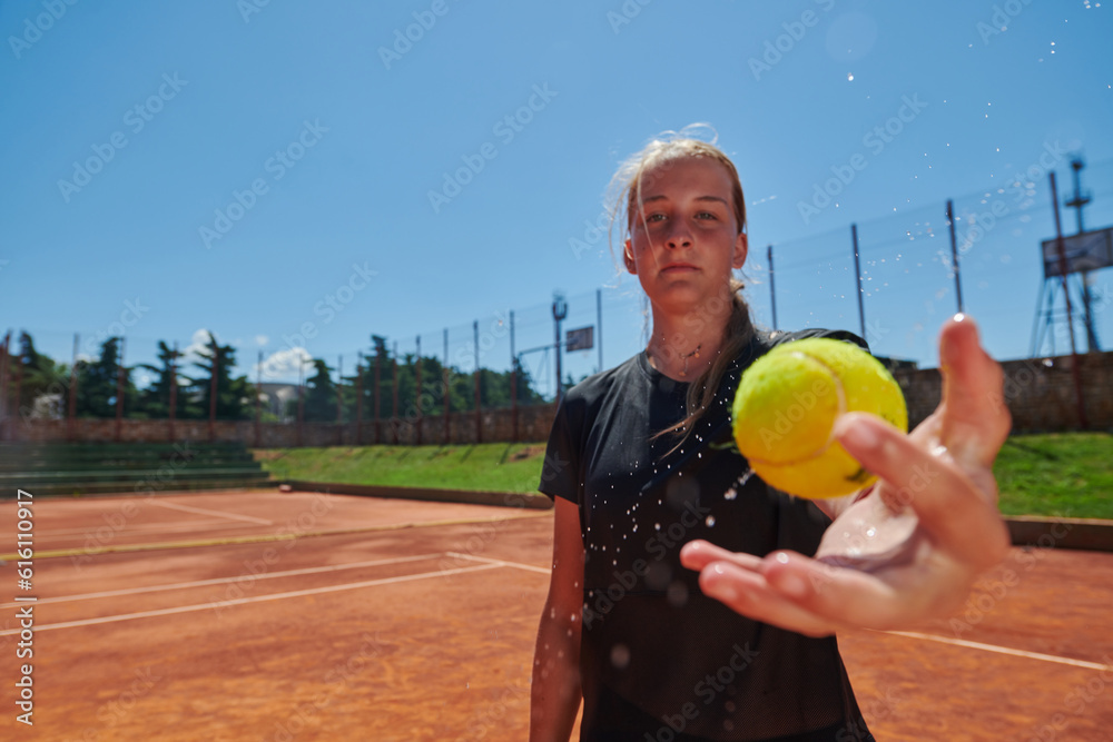 Before her training, the tennis player joyfully playing with a tennis ...