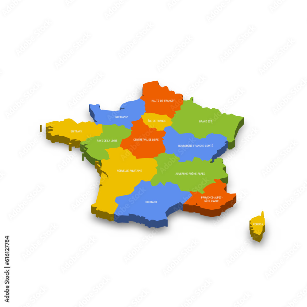 France political map of administrative divisions - regions. Colorful 3D ...