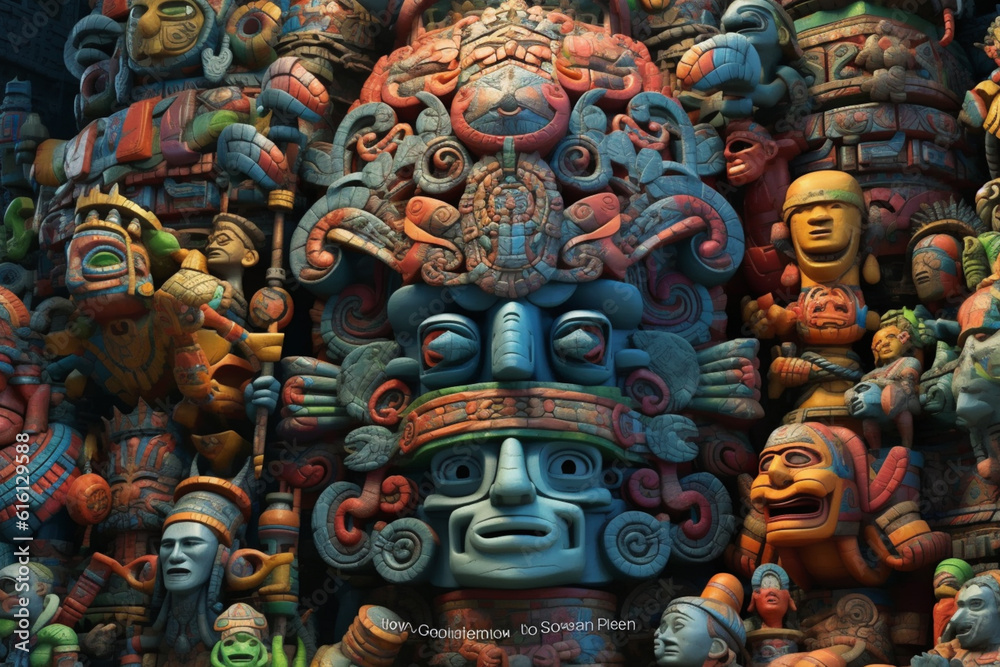 An image showcasing abstract representations of Maya gods and deities ...