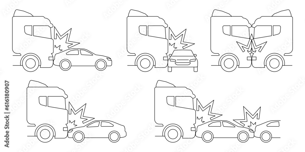 Car and truck crash, accident of transport, line art icon set. Side ...