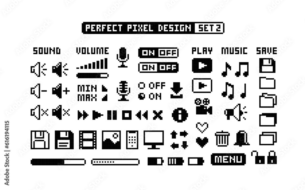 8-bit Game pixel graphics icons Set 2. Perfect pixel icons of, media ...