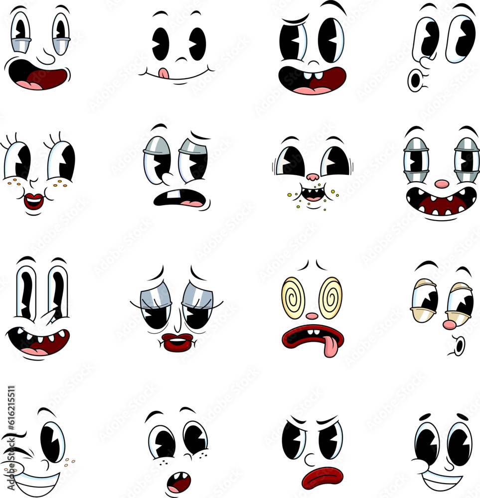 Outlined Retro Cartoon Funny Faces 30s, 50s, 60s Vintage Old Animation ...