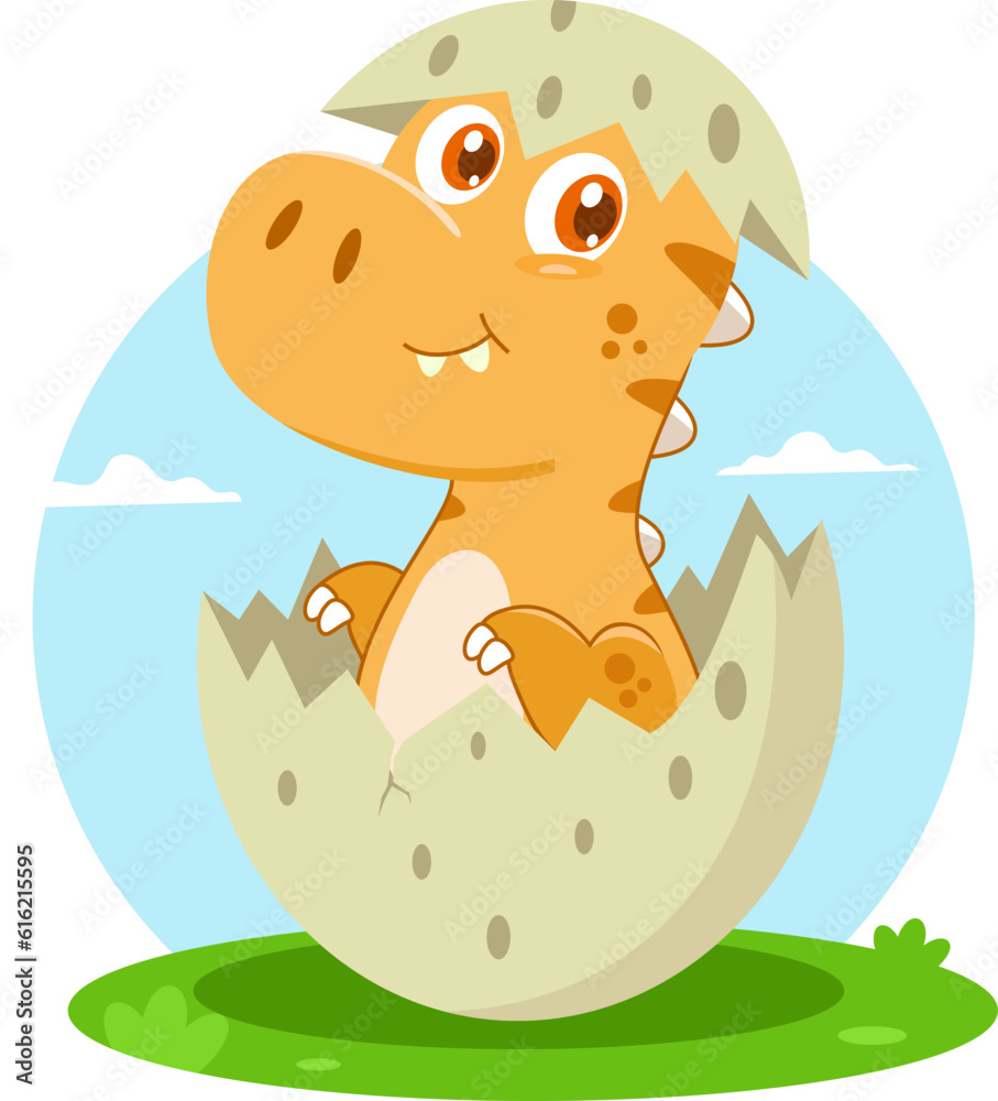 Cute Baby Dinosaur Cartoon Character Hatching From Egg. Vector ...