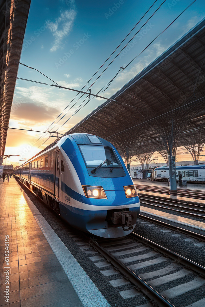High train on the railway station at sunset. modern passenger train on ...