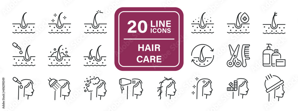 Hair care, treatment, beauty line icons. Editable stroke. For website ...