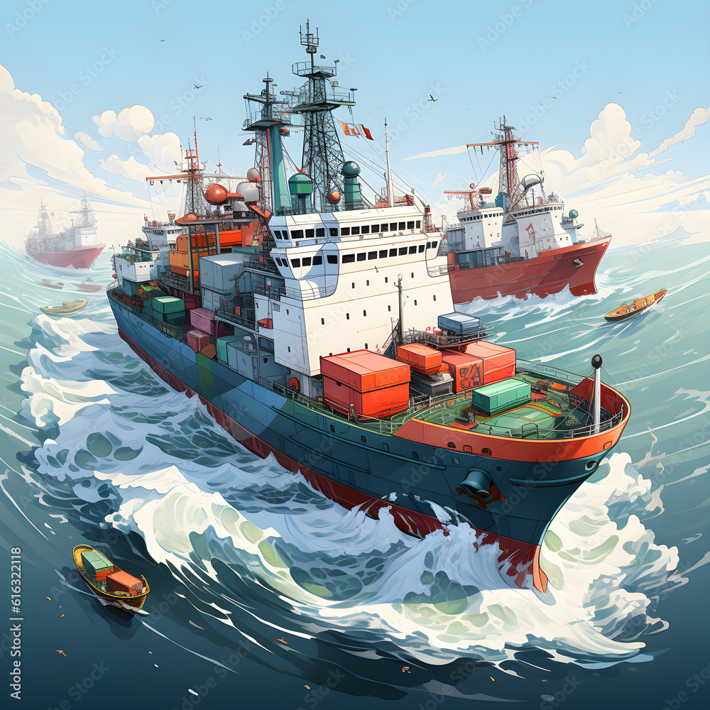 stylized 2D isometric depiction of cargo ships, with bold outlines and ...