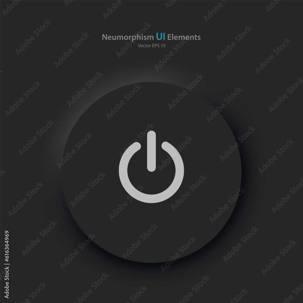 Round power button on a black background. User interface elements in ...