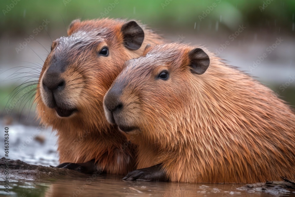 cute capybara couple cuddle up to each other on a blurry background ...