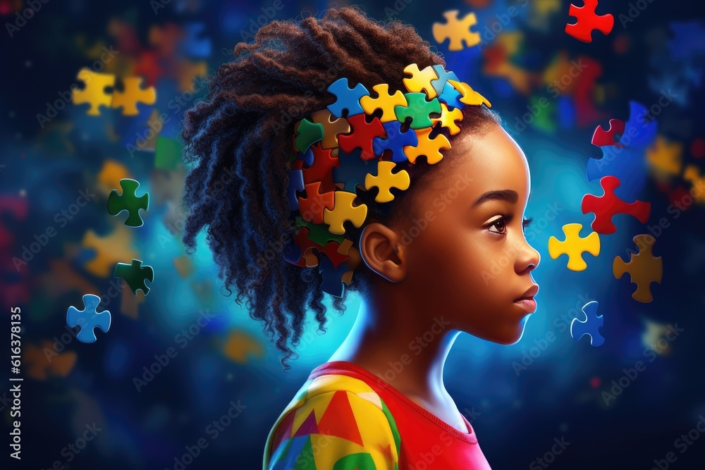 Illustration Stock Neurospicy black girl child with a puzzle brain ...