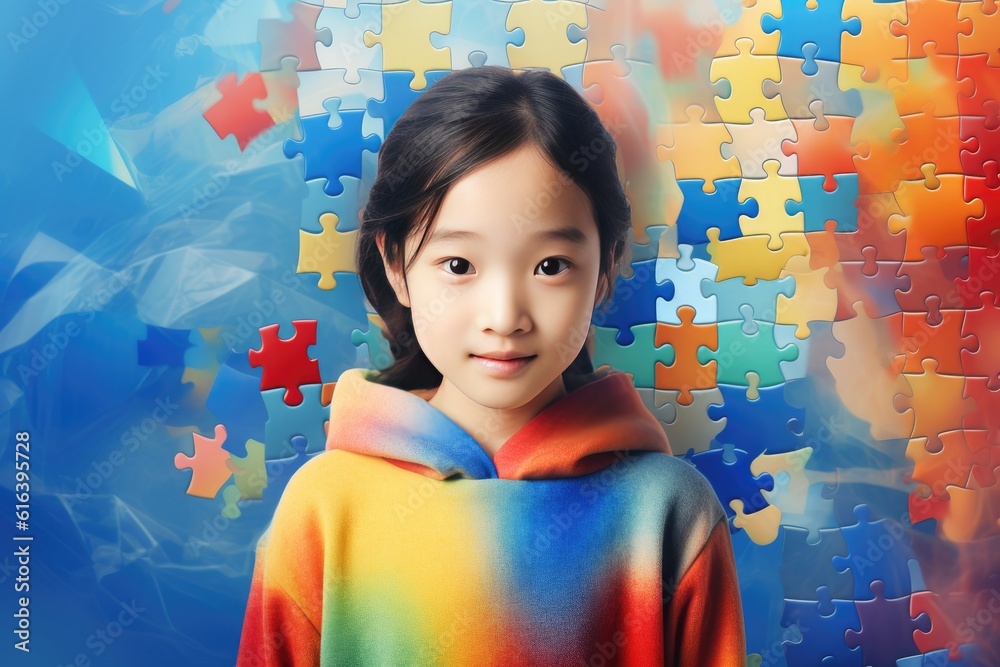 Ilustración de Stock Fictional asian girl child with puzzle pieces ...