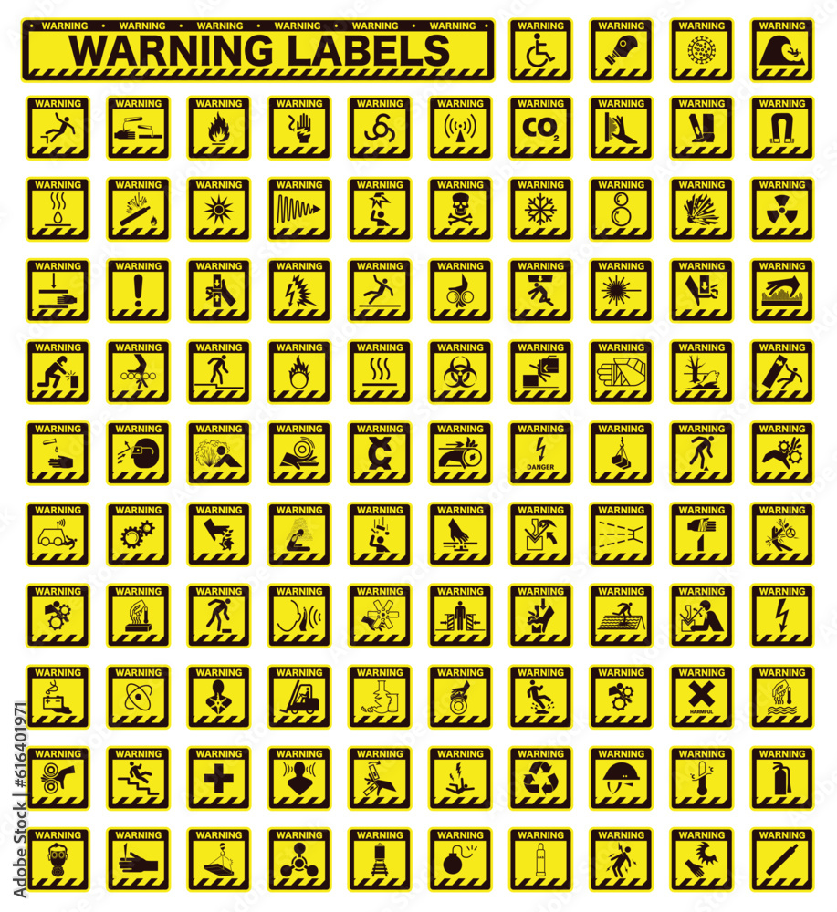 Collection of warning and safety signs. Set of safety and caution signs ...