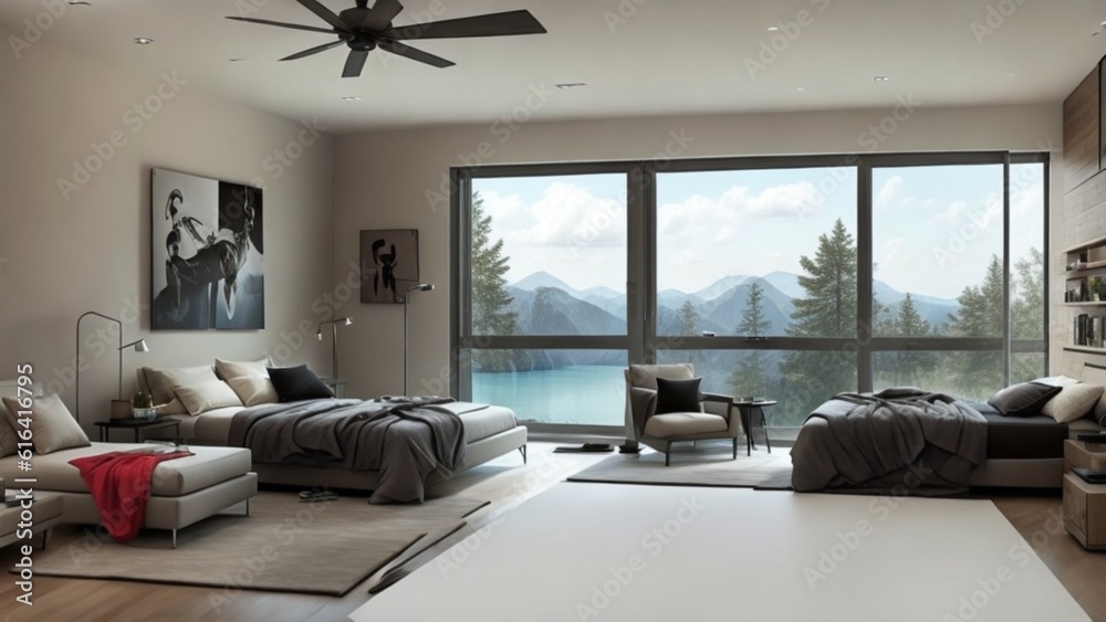 Multi bed bedroom interior design of a Modern House in an all-glass ...
