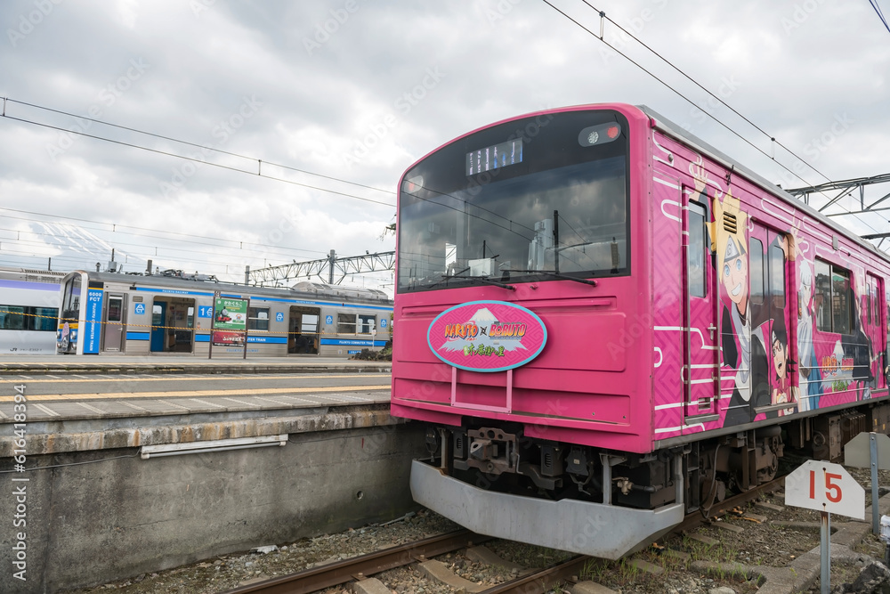 Naruto x Boruto train with mount Fuji view at Kawaguchiko station Stock ...