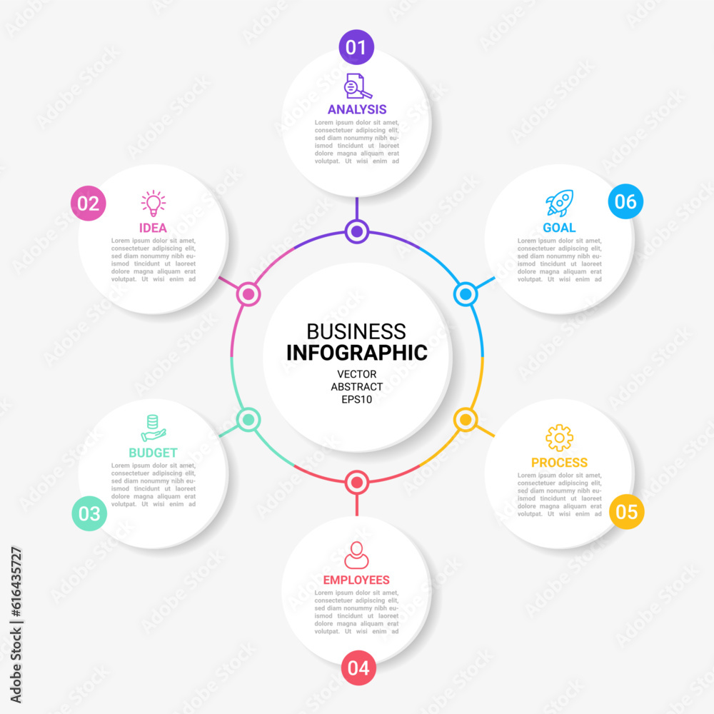 Infograph elements. Circle chart. 6 steps of business work process ...