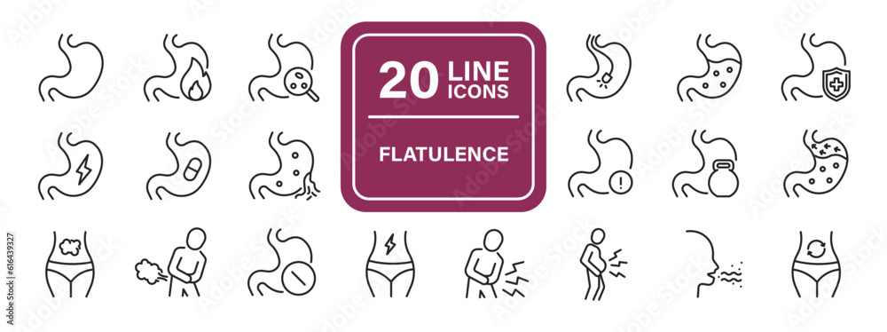 Flatulence, stomach, ache, gastroenteritis line icons. Editable stroke ...