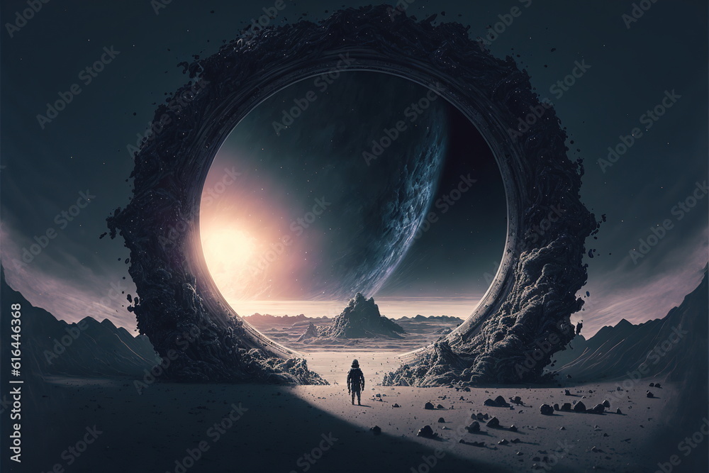 Spaceman travel through the space with mysterious sci-fi fantasy portal ...