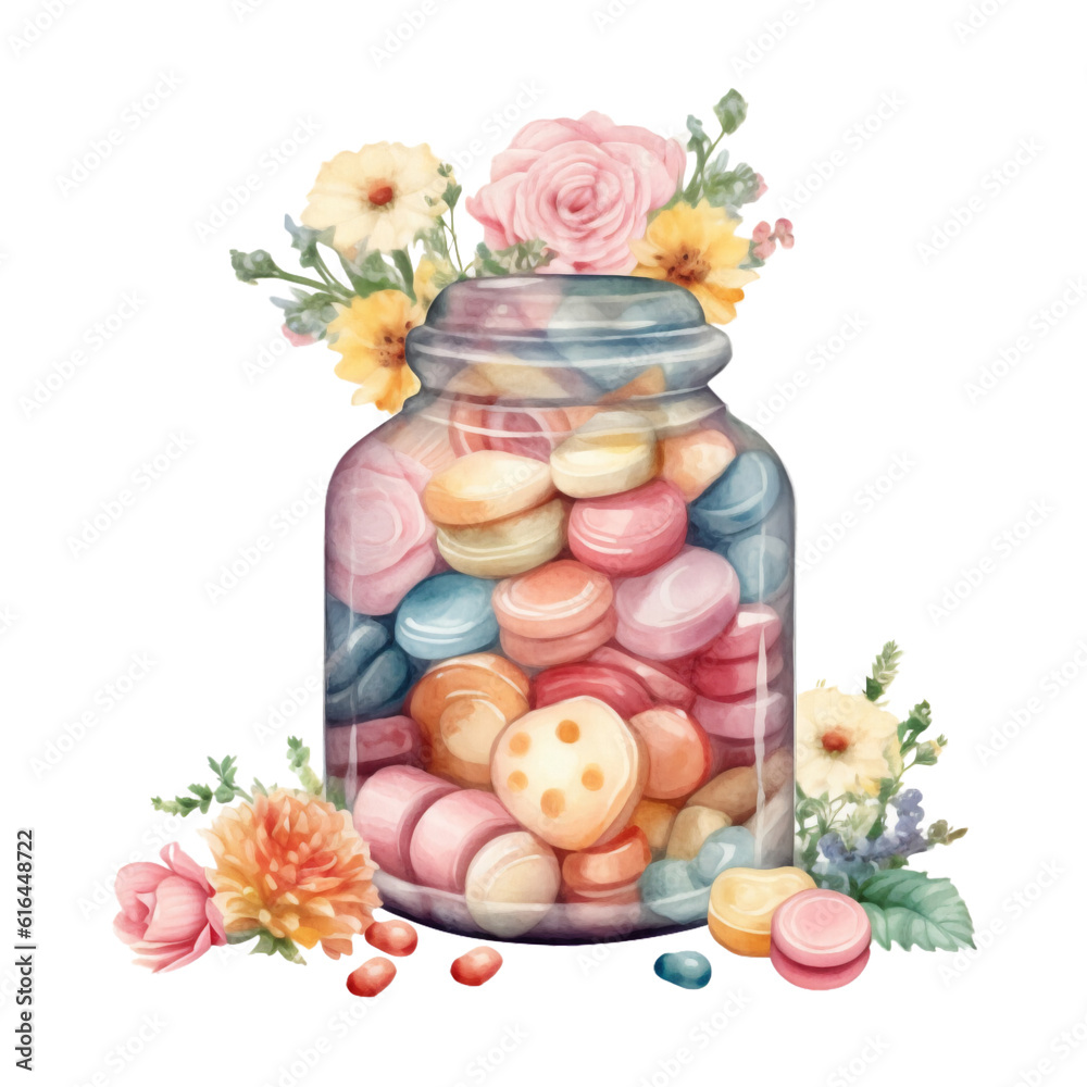 Watercolor Candy Jar Clip Art, Watercolor Illustration, Flowers ...