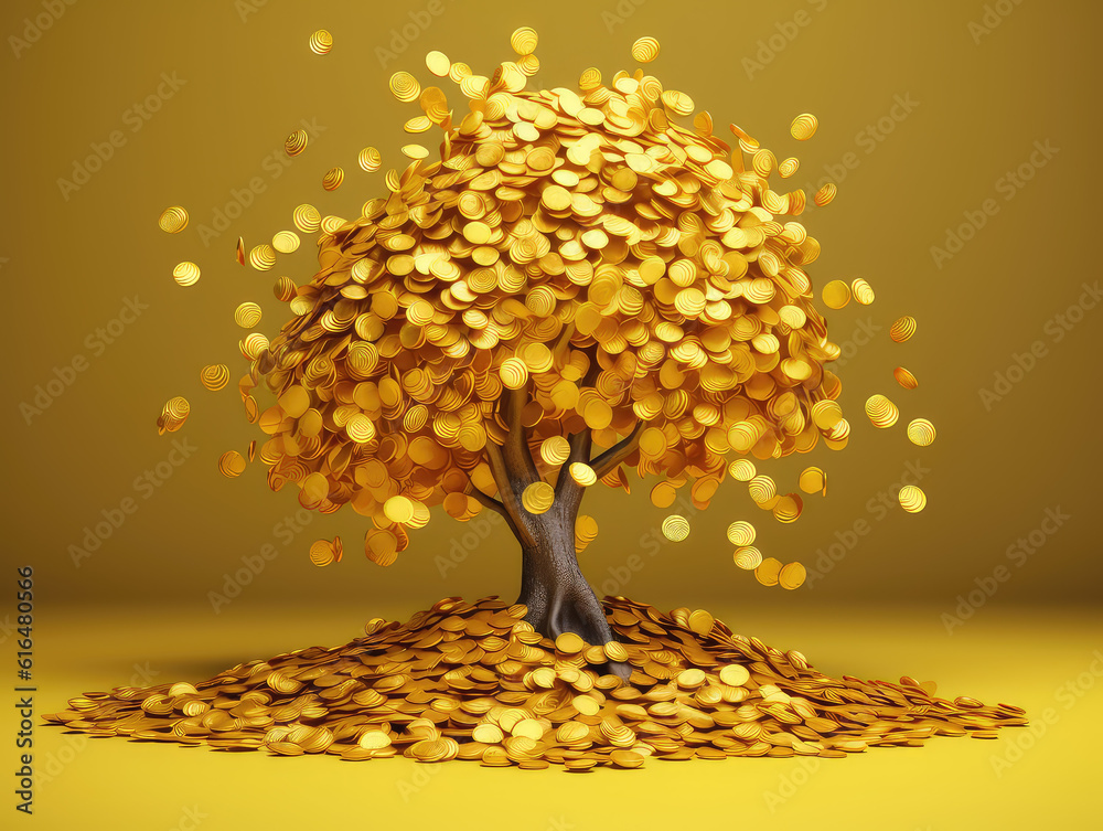 Money tree gold coin tree has coins fall on ground Stock Illustration | Adobe Stock