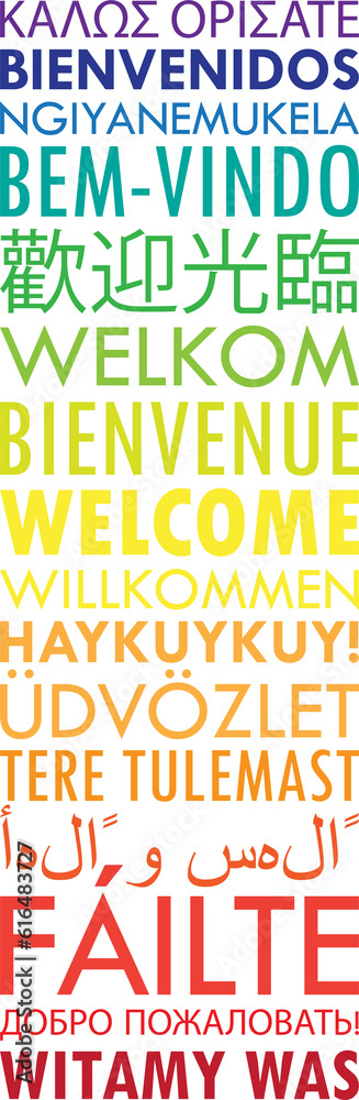 WELCOME colorful vertical word cloud with translations into multiple ...
