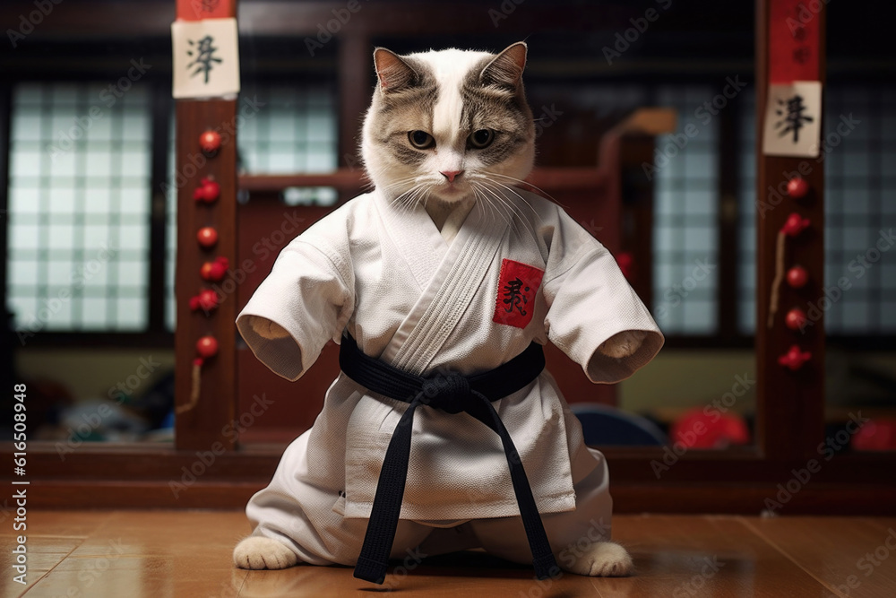 Cat wearing kimono for martial arts. Kitten practicing kung fu or ...