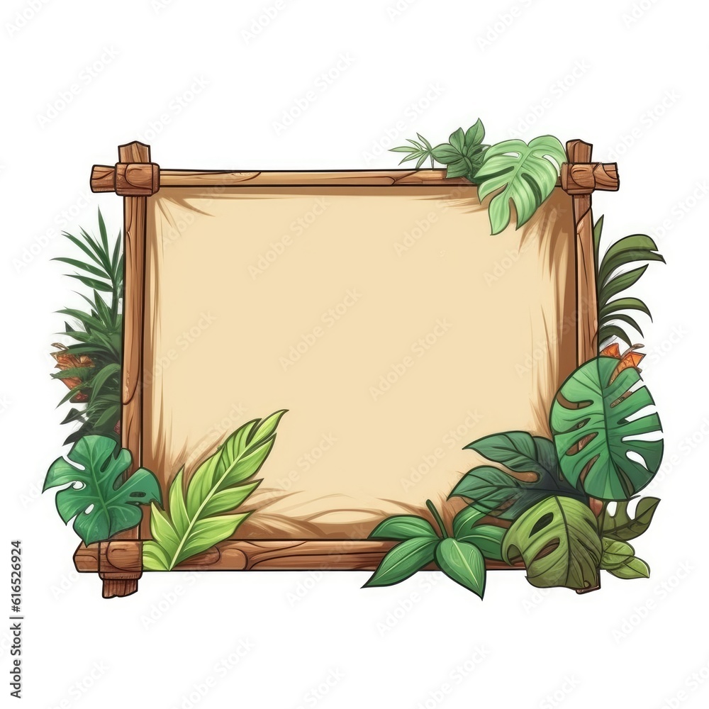 cartoon, cute wooden sign whit safari leaves isolated on white ...