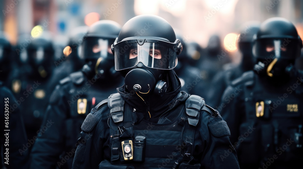 police in full gear on the street. police in hardhats, hard hats and ...