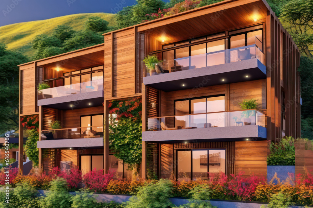 An eco-friendly village nestled in lush greenery, showcasing ...