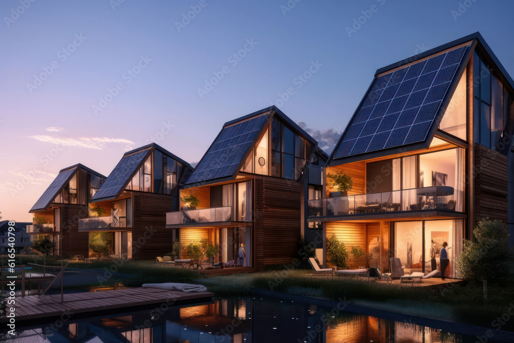 An eco-friendly village nestled in lush greenery, showcasing ...