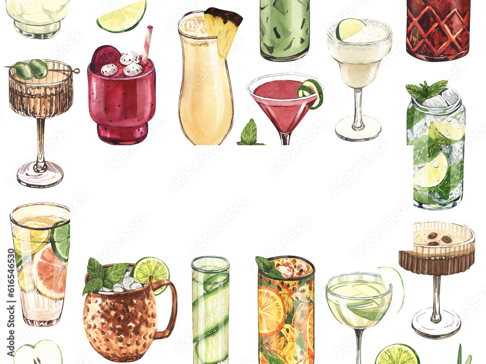 Watercolor frame, cocktail glasses: martini, gin,margarita,mojito ...