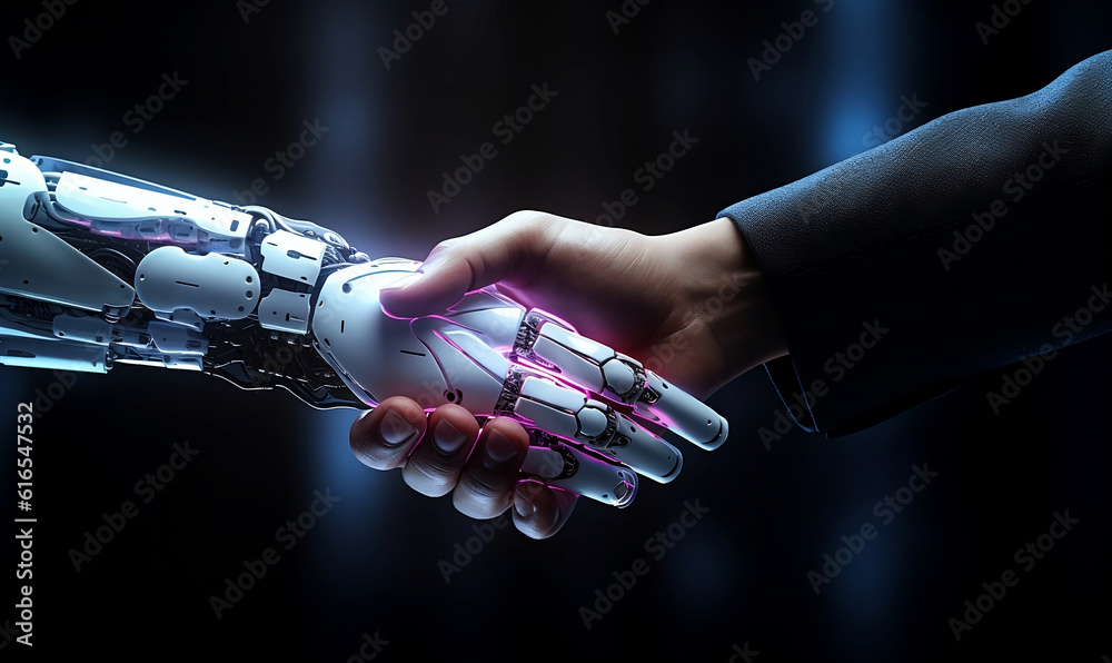 AI, Machine learning, Hands of robot and human touching on big data ...