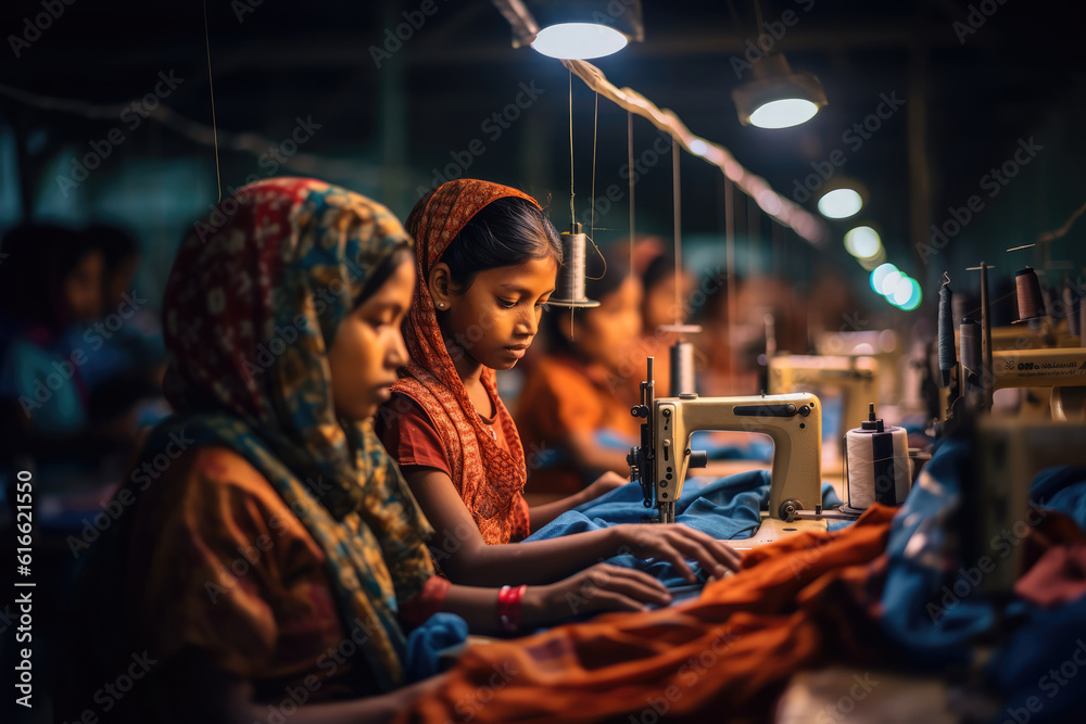 Asian child labour in fashion textile industry - row of young colorful ...