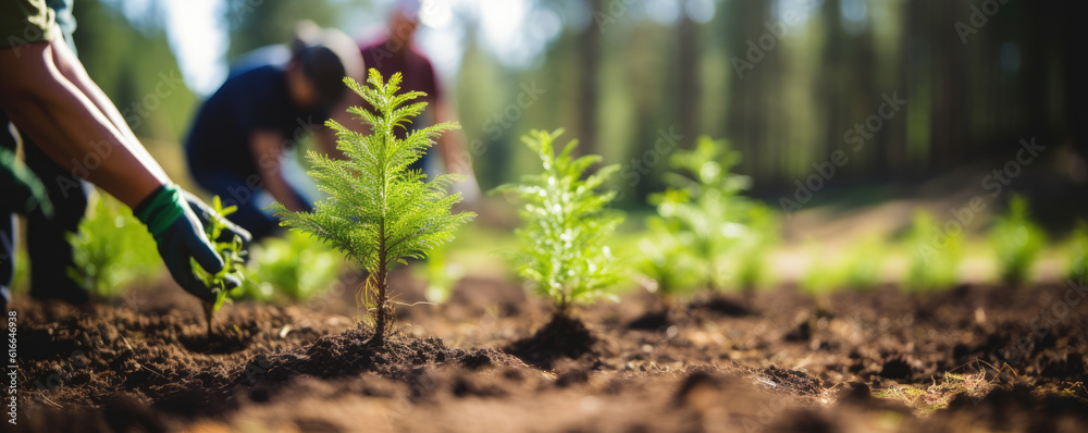 Planting new trees. planting new trees in an open area of a mountain ...