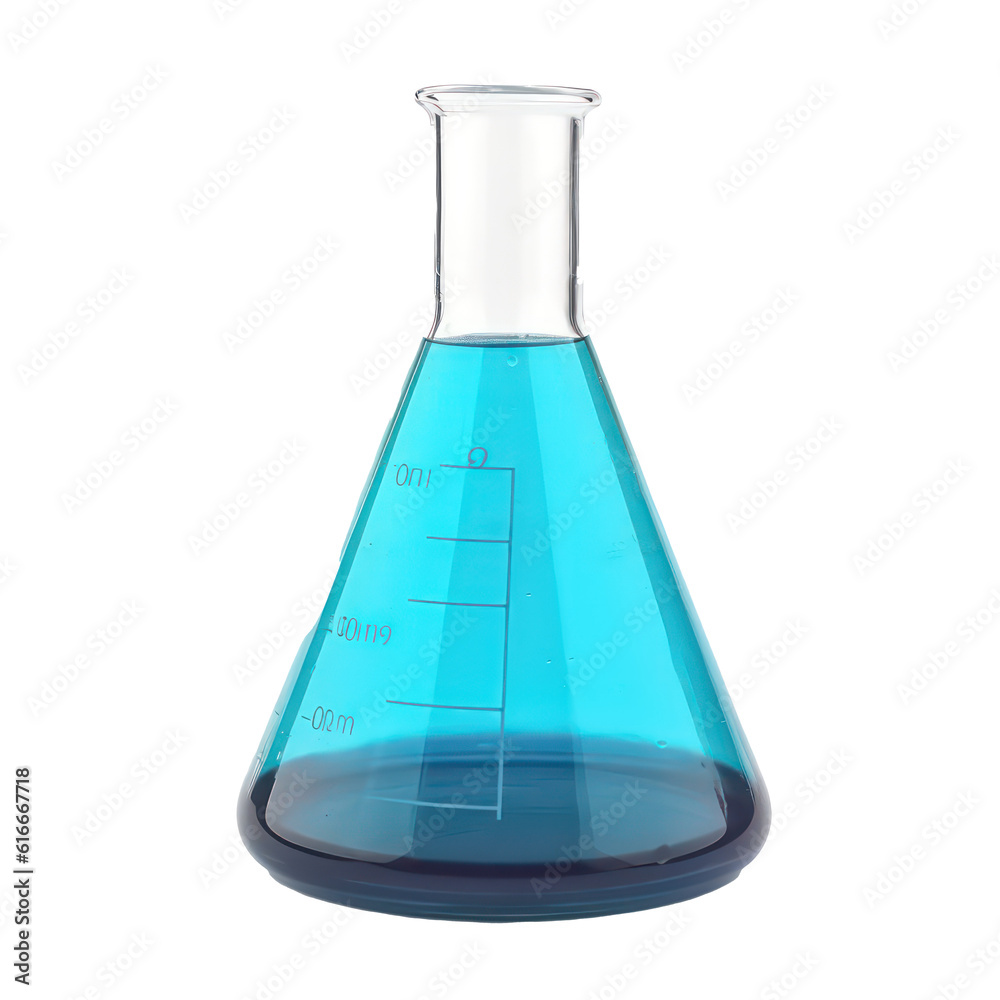 Erlenmeyer chemical flask with blue detergent isolated on transparent ...