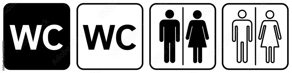 Toilet icons set, black outline and filled, toilet sign, WC man woman ...